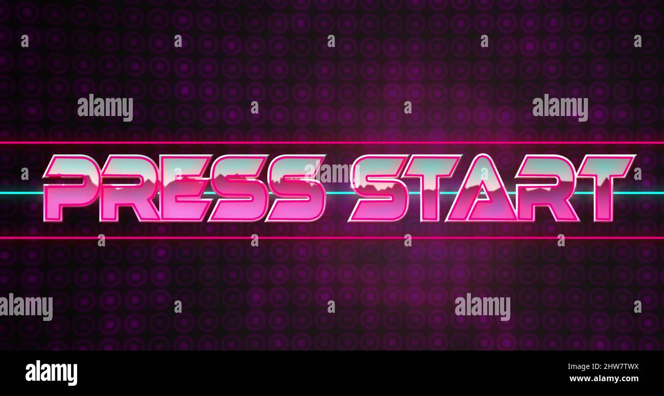 Image of press start text in metallic letters over purple glowing ...