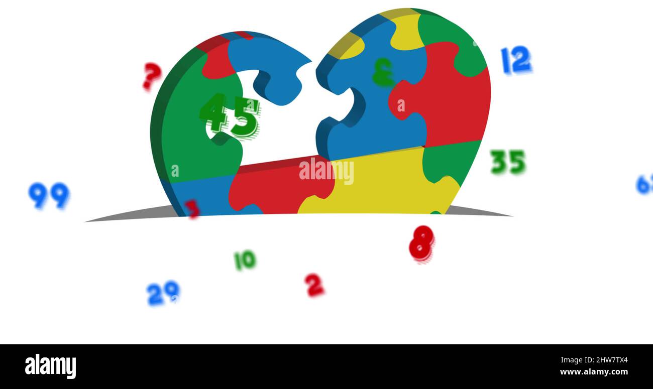 Image of heart formed with puzzle pieces and numbers over white ...