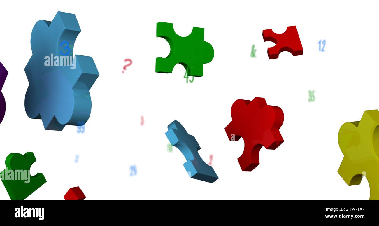 Image of puzzle pieces falling and numbers over white background Stock ...
