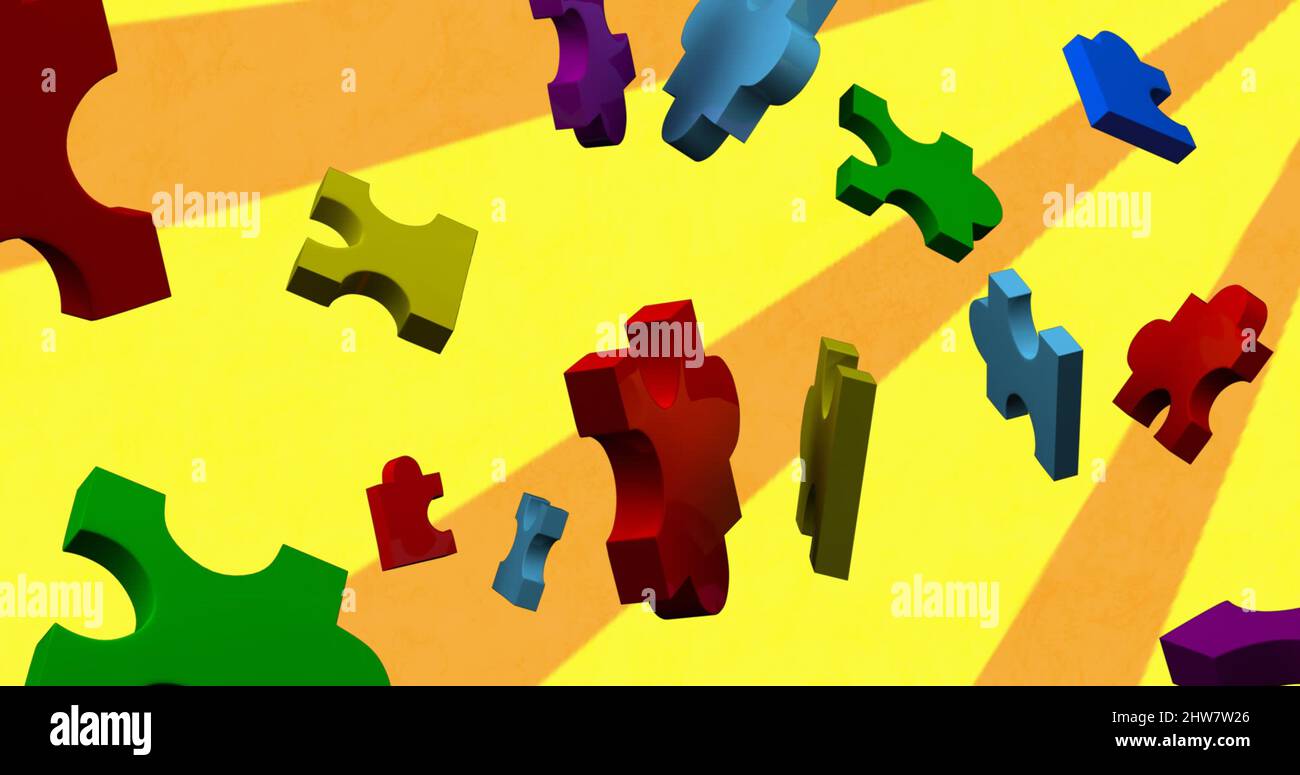 Image of colourful puzzle pieces falling over orange spinning stripes ...