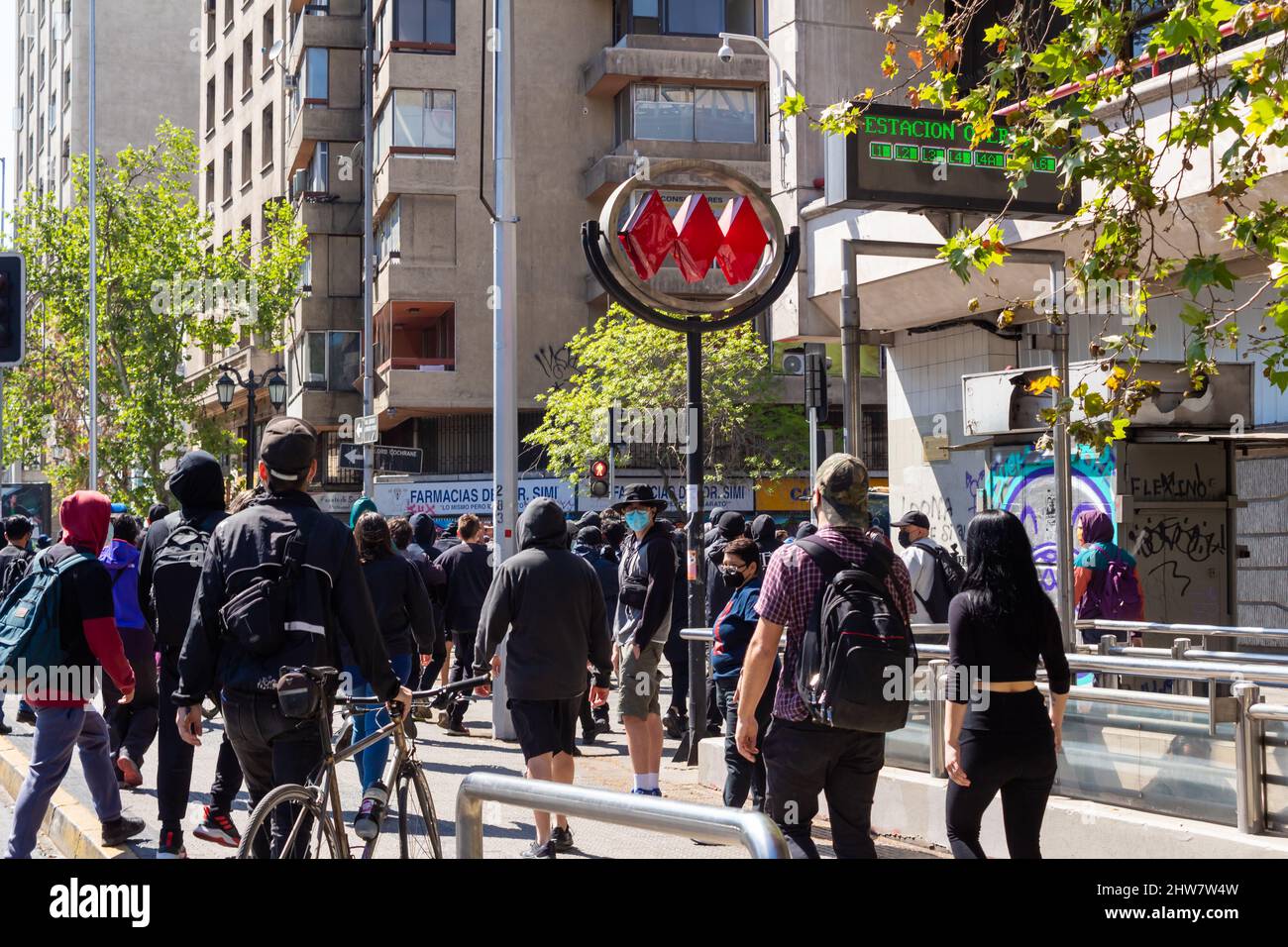 Santiago, Chile - Oct 2, 2021: Pro immigration march near a Metro ...