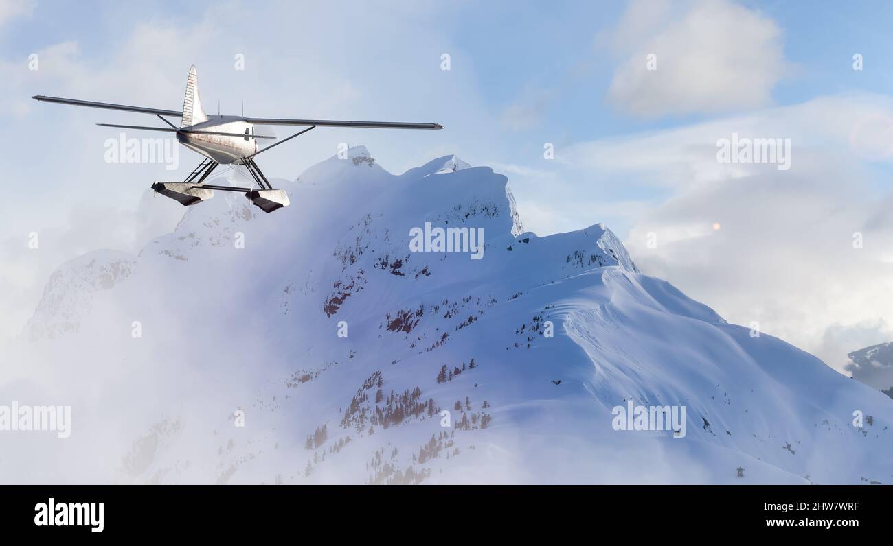 Single Engine Seaplane Flying over the Rocky Mountain Landscape Stock ...