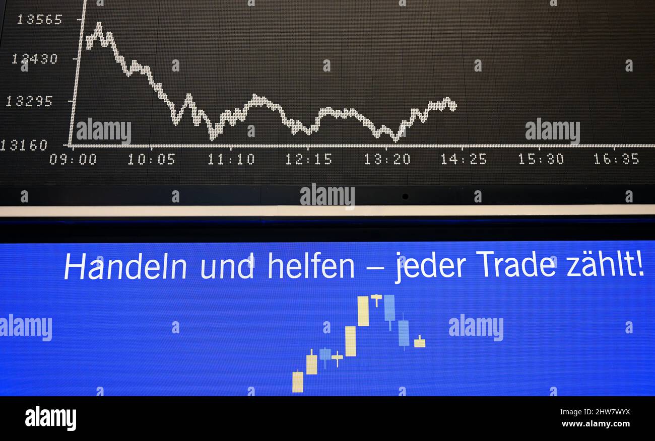 04 March 2022, Hessen, Frankfurt/Main: The DAX curve in the trading ...