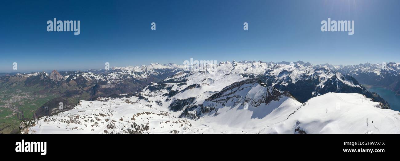 Panorama, aerial view. The ridge of the tops of the Alps canton Schwyz ...