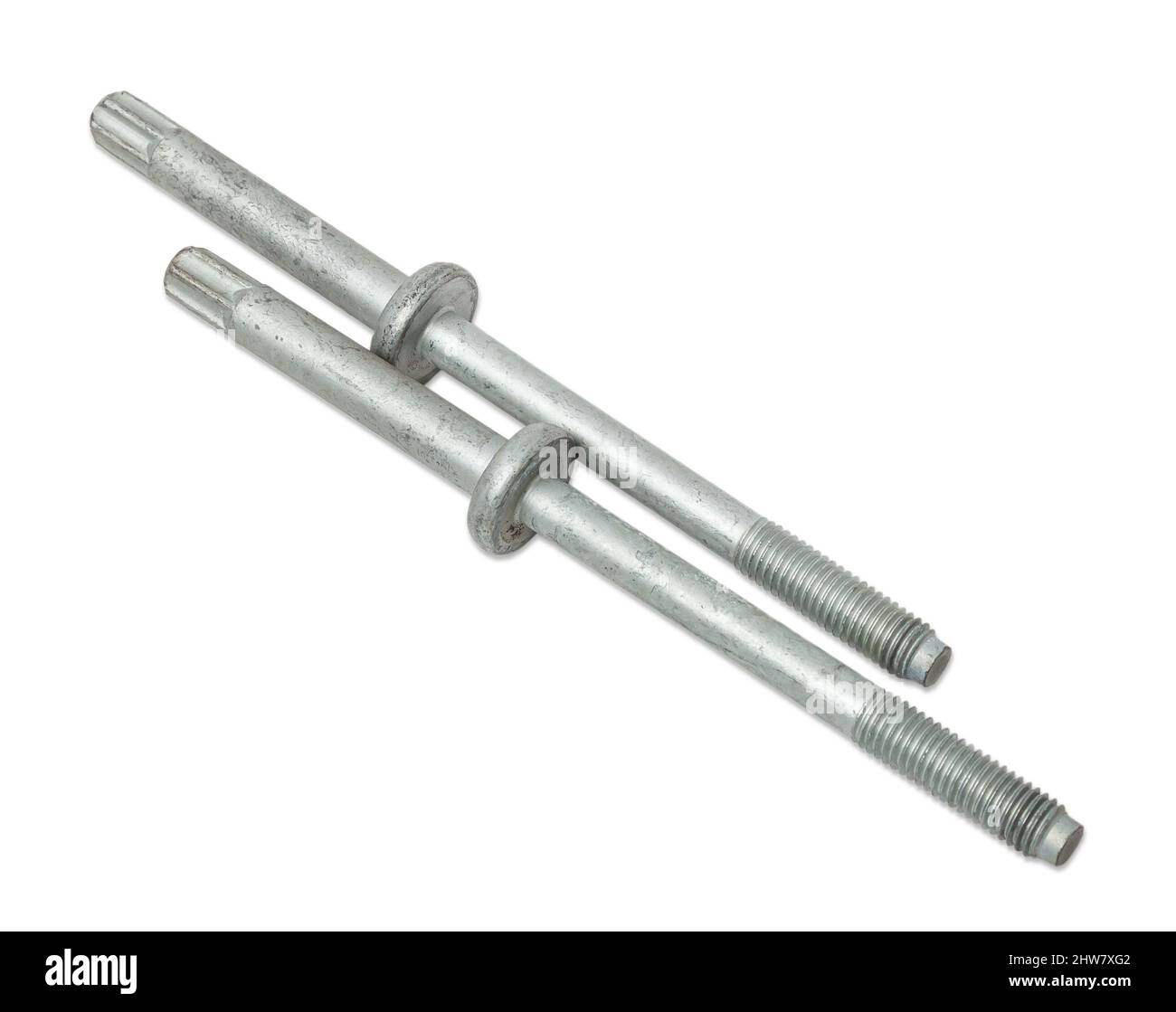 Two Metal bolts isolated on white background Used spare parts from ...