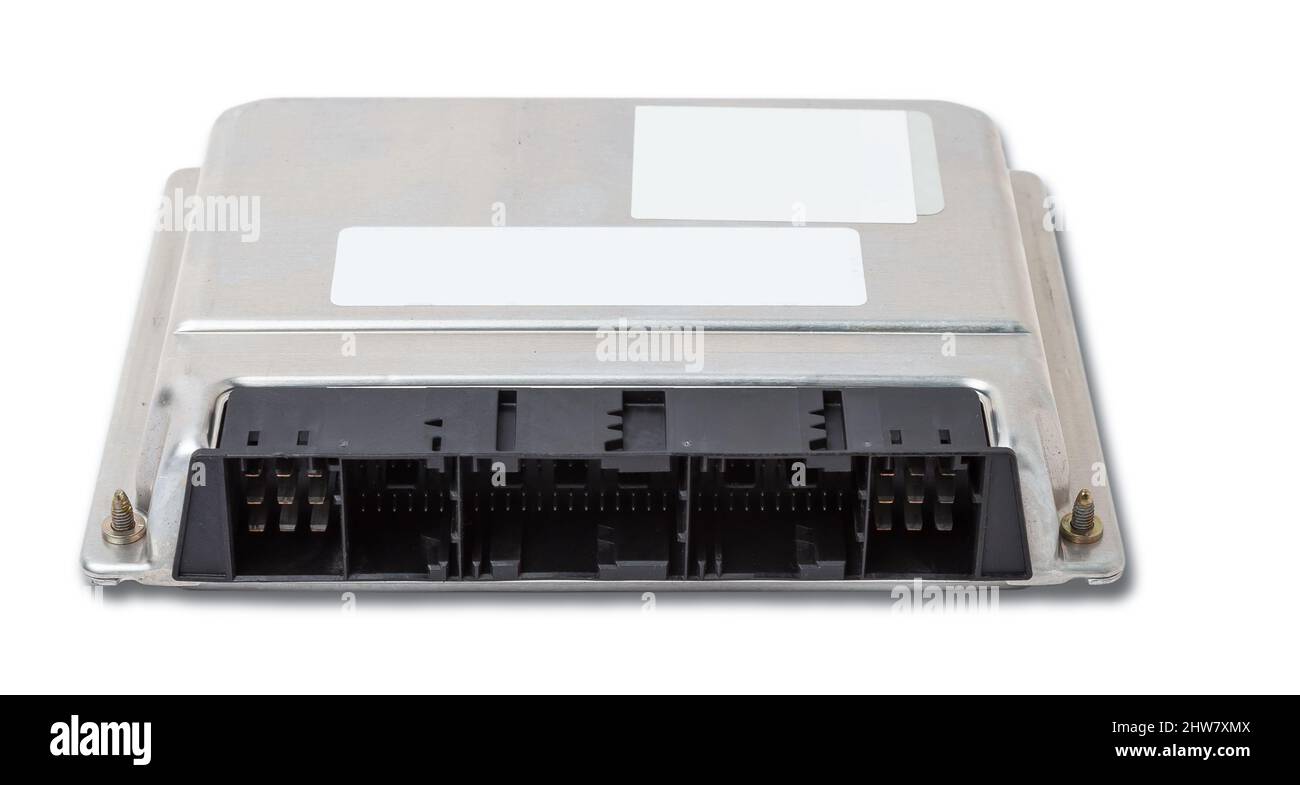 Plastic car engine control unit with metal elements on a white isolated ...