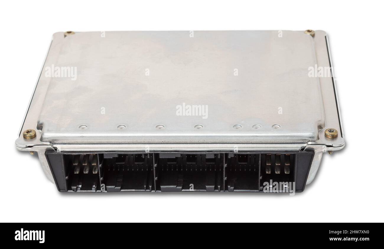 Plastic car engine control unit with metal elements on a white isolated ...