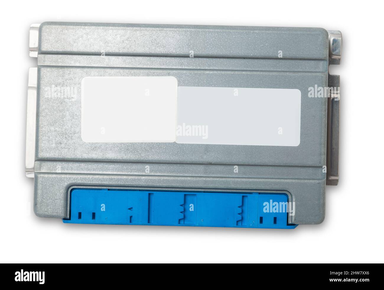 Plastic car engine control unit with metal elements on a white isolated ...