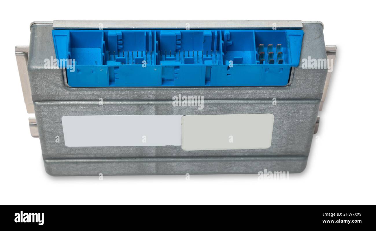 Plastic car engine control unit with metal elements on a white isolated ...