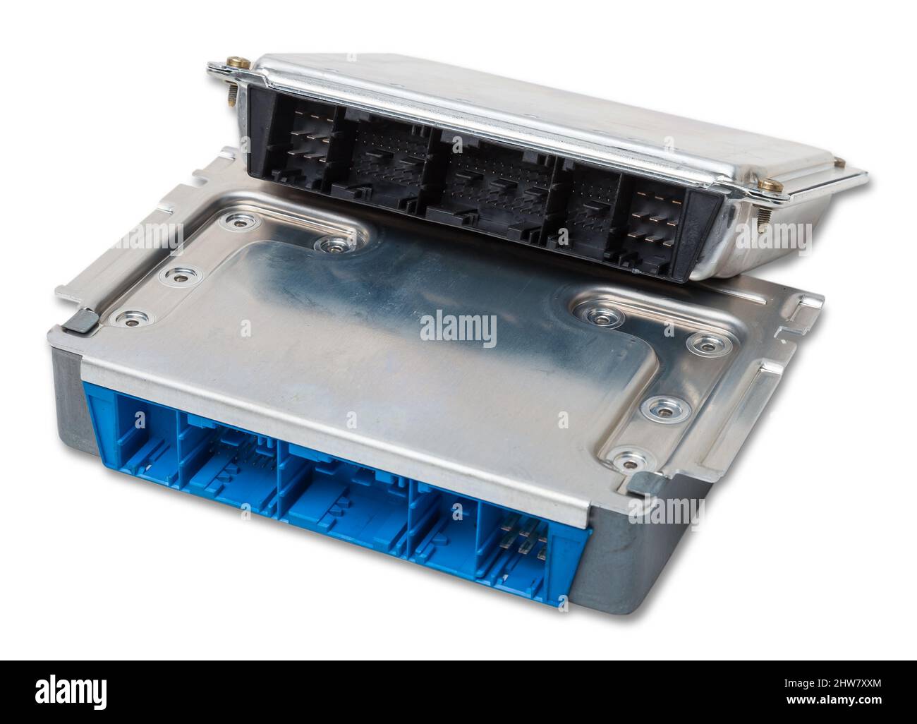 Plastic car engine control unit with metal elements on a white isolated ...