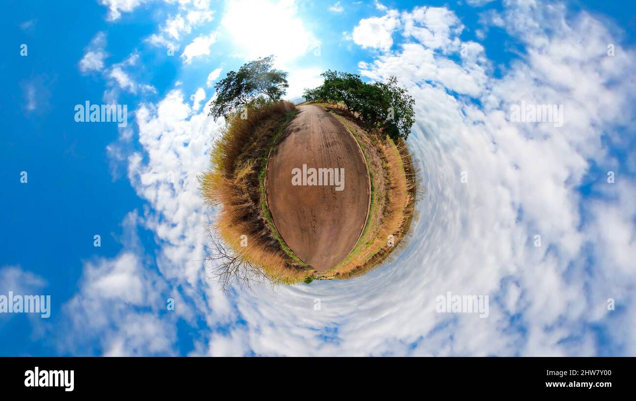 Small planet with trees, white clouds and soft blue sky. Green 360 Tiny ...