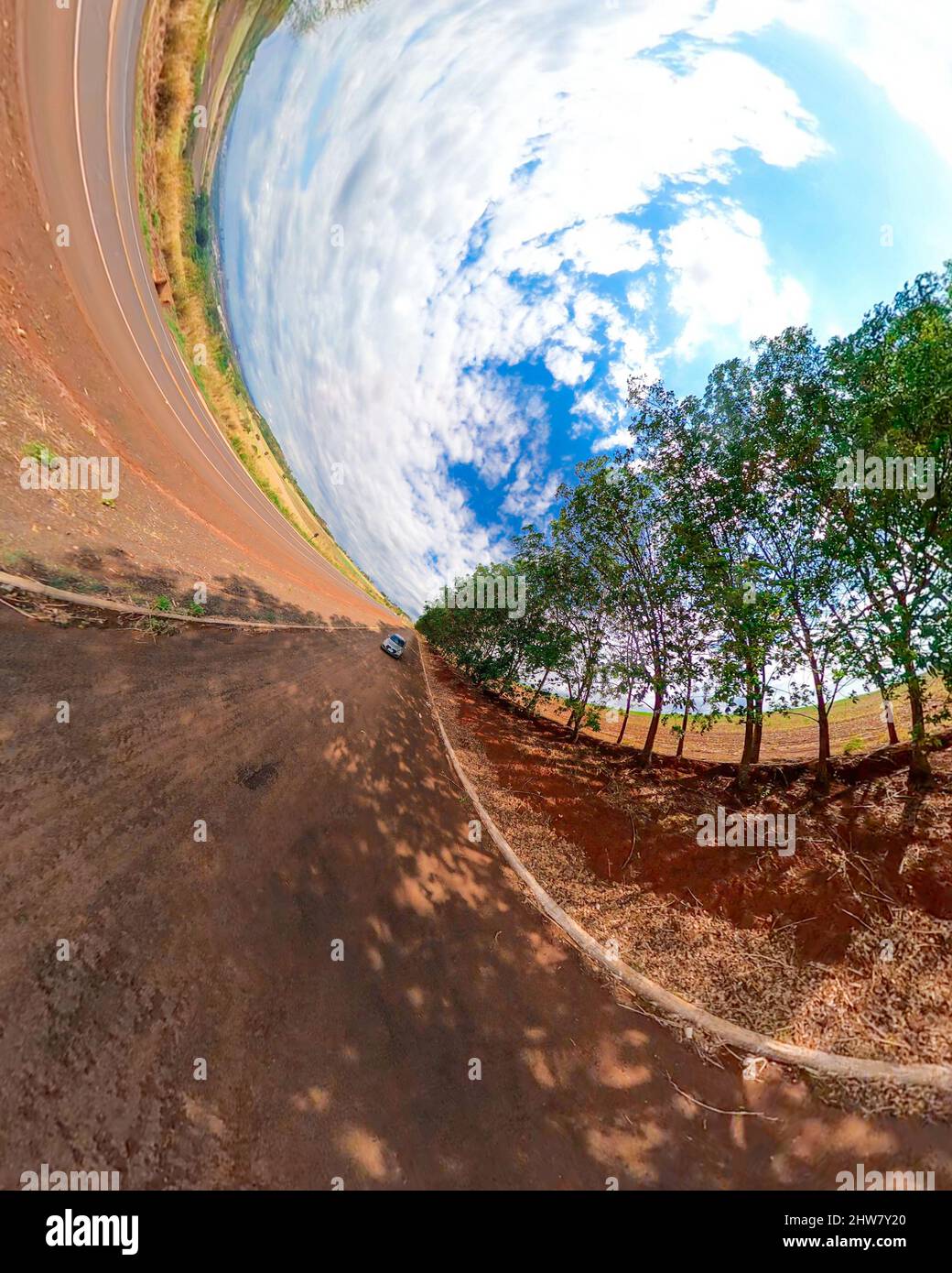 Small planet with trees, white clouds and soft blue sky. Green 360 Tiny ...