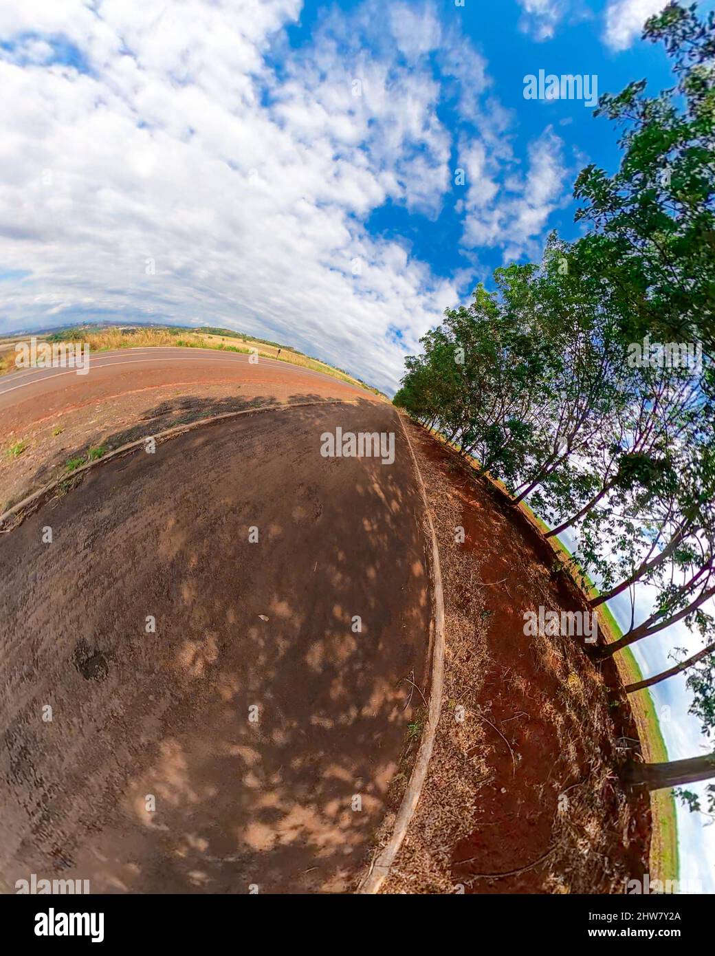 Small planet with trees, white clouds and soft blue sky. Green 360 Tiny ...