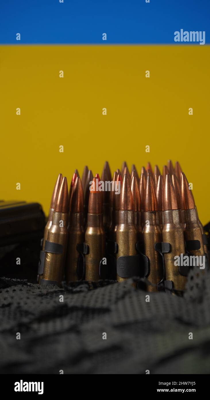 Blue-yellow flag of Ukraine National symbol and 5.56mm ammunition ...