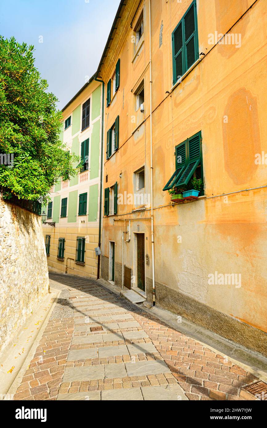 Alley with traditional paint houses. Italy. Liguria Stock Photo - Alamy
