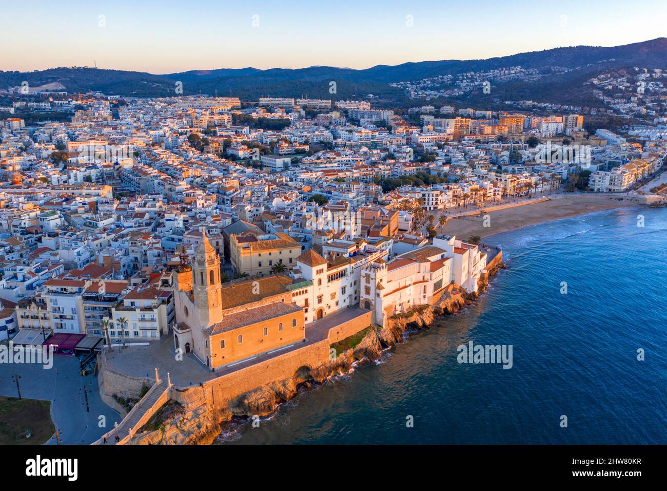 Aerial view of Sitges old centre and seaside, Sitges, Costa Dorada ...
