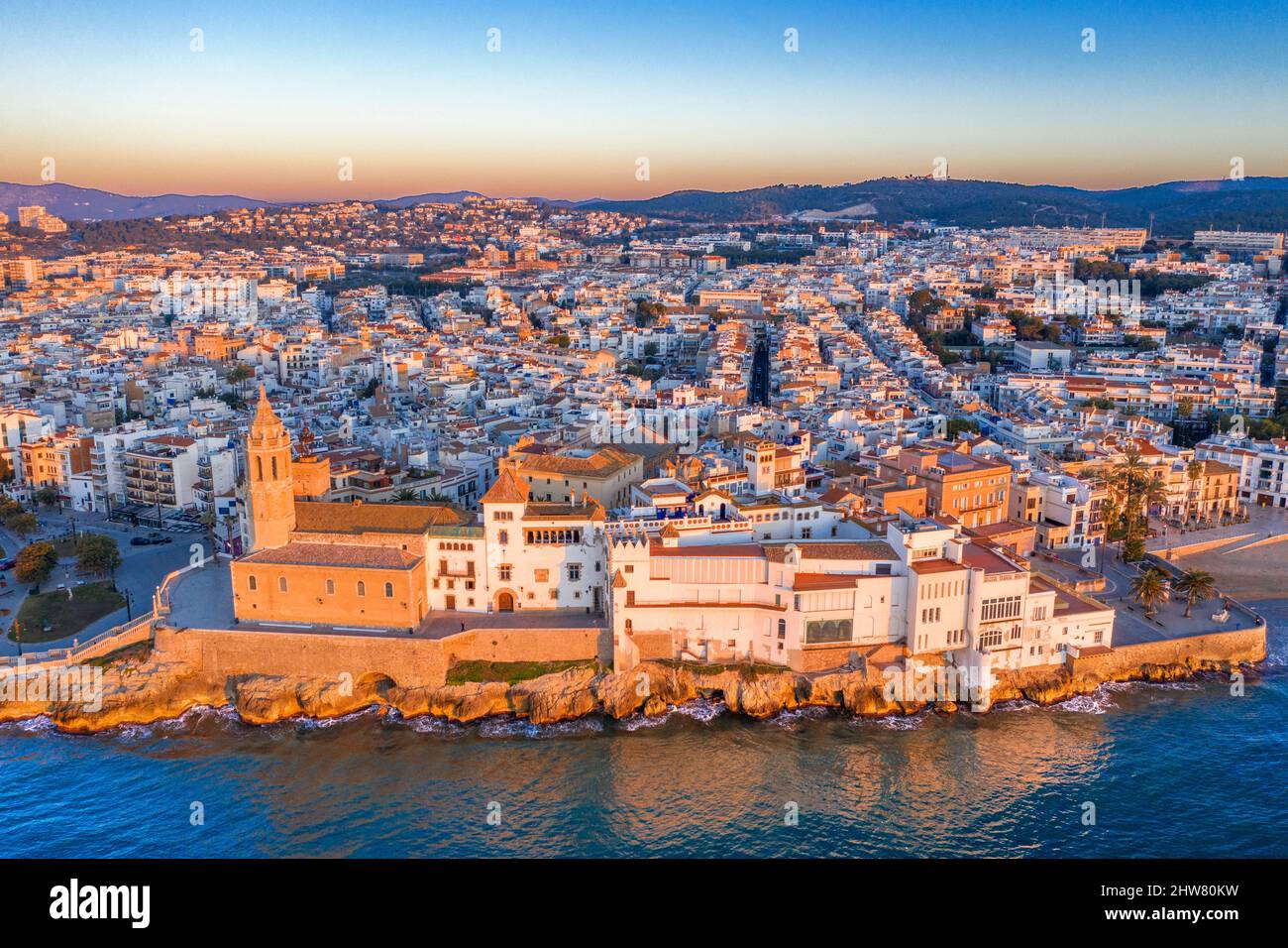 Aerial view of Sitges old centre and seaside, Sitges, Costa Dorada ...