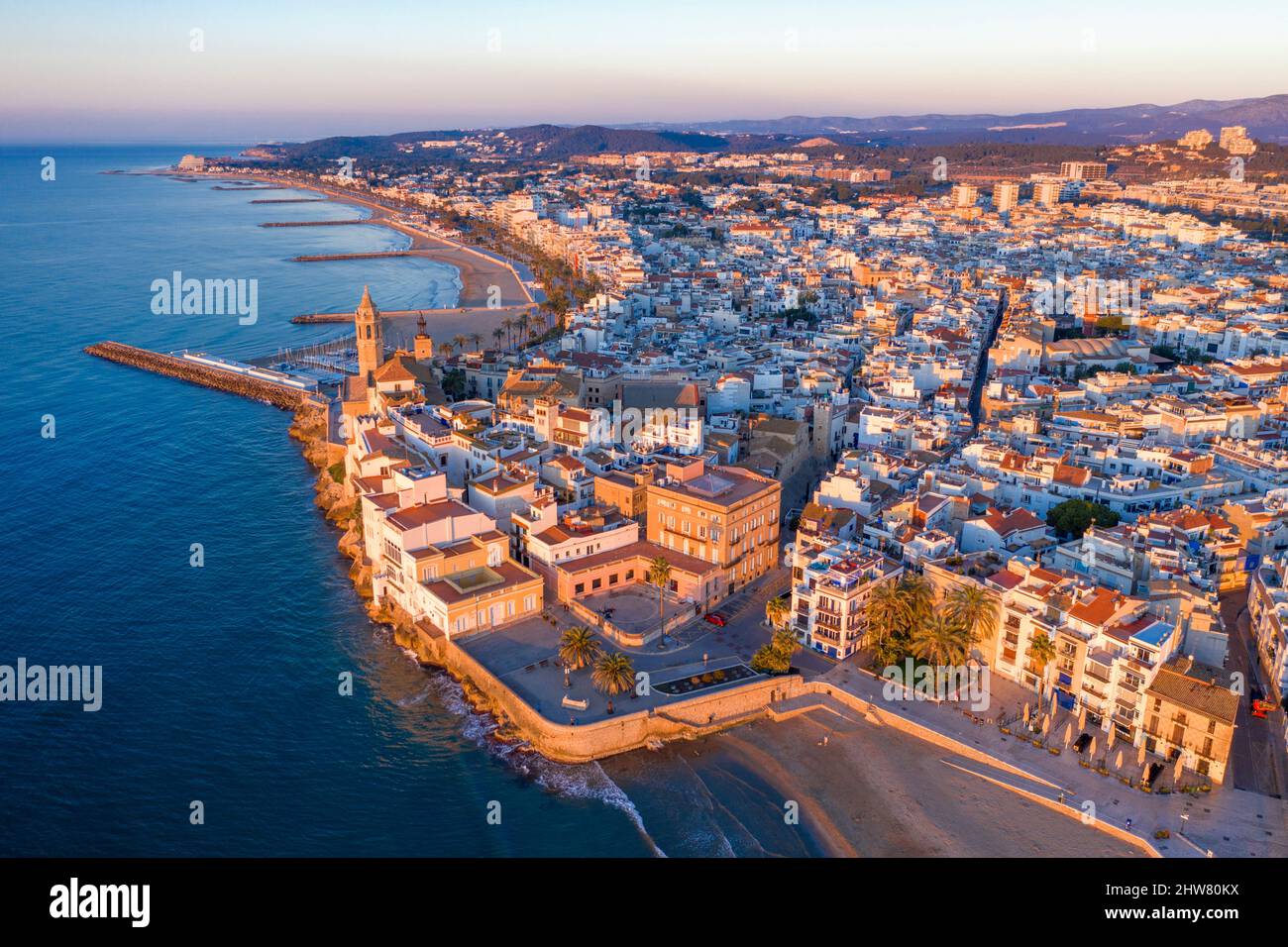 Aerial view of Sitges old centre and seaside, Sitges, Costa Dorada ...