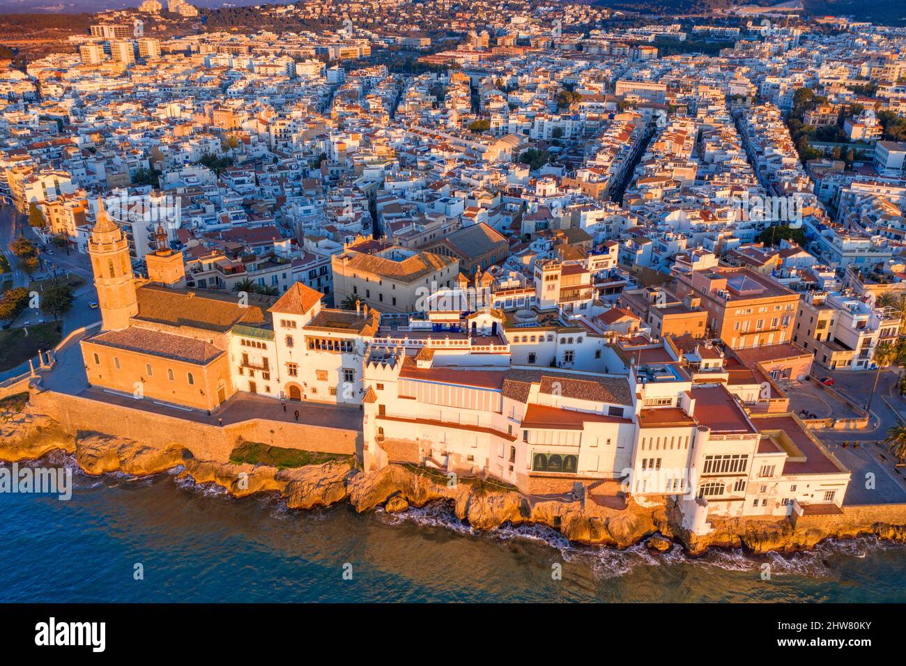 Aerial view of Sitges old centre and seaside, Sitges, Costa Dorada ...