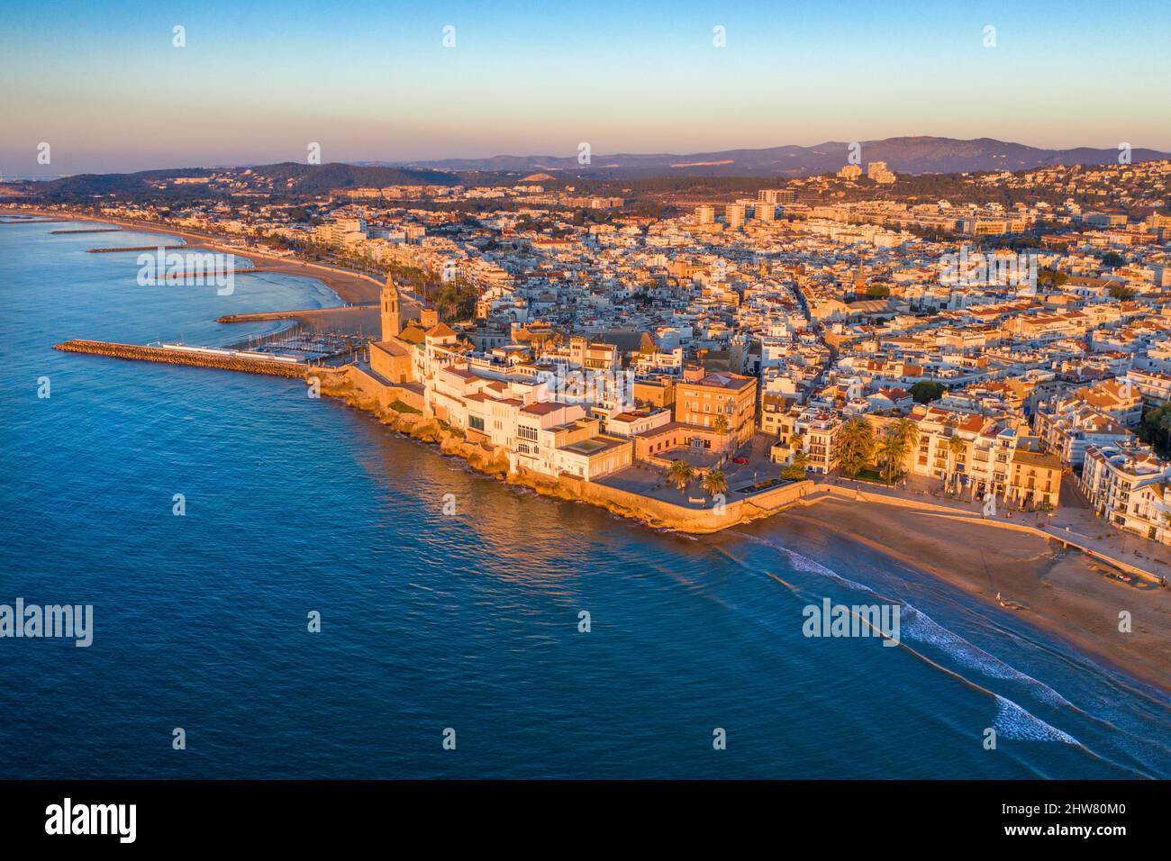 Aerial view of Sitges old centre and seaside, Sitges, Costa Dorada ...