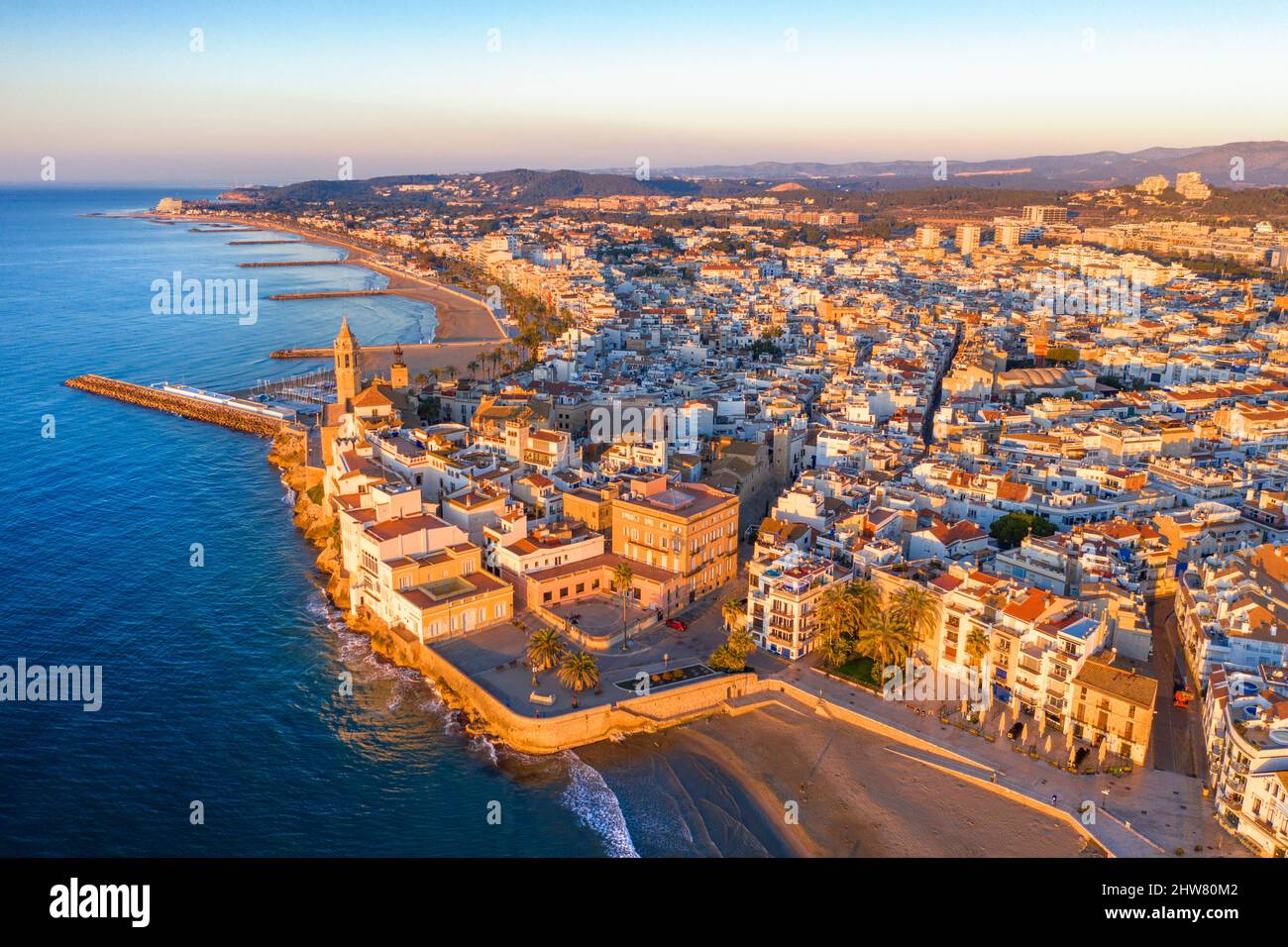 Aerial view of Sitges old centre and seaside, Sitges, Costa Dorada ...