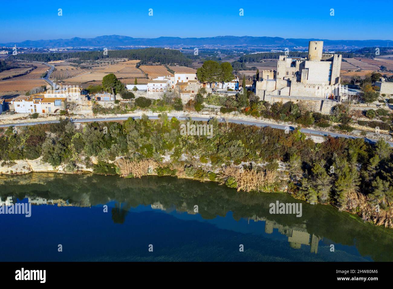 Aerial view of Castellet i La Gornal and the Foix reservoir in ...