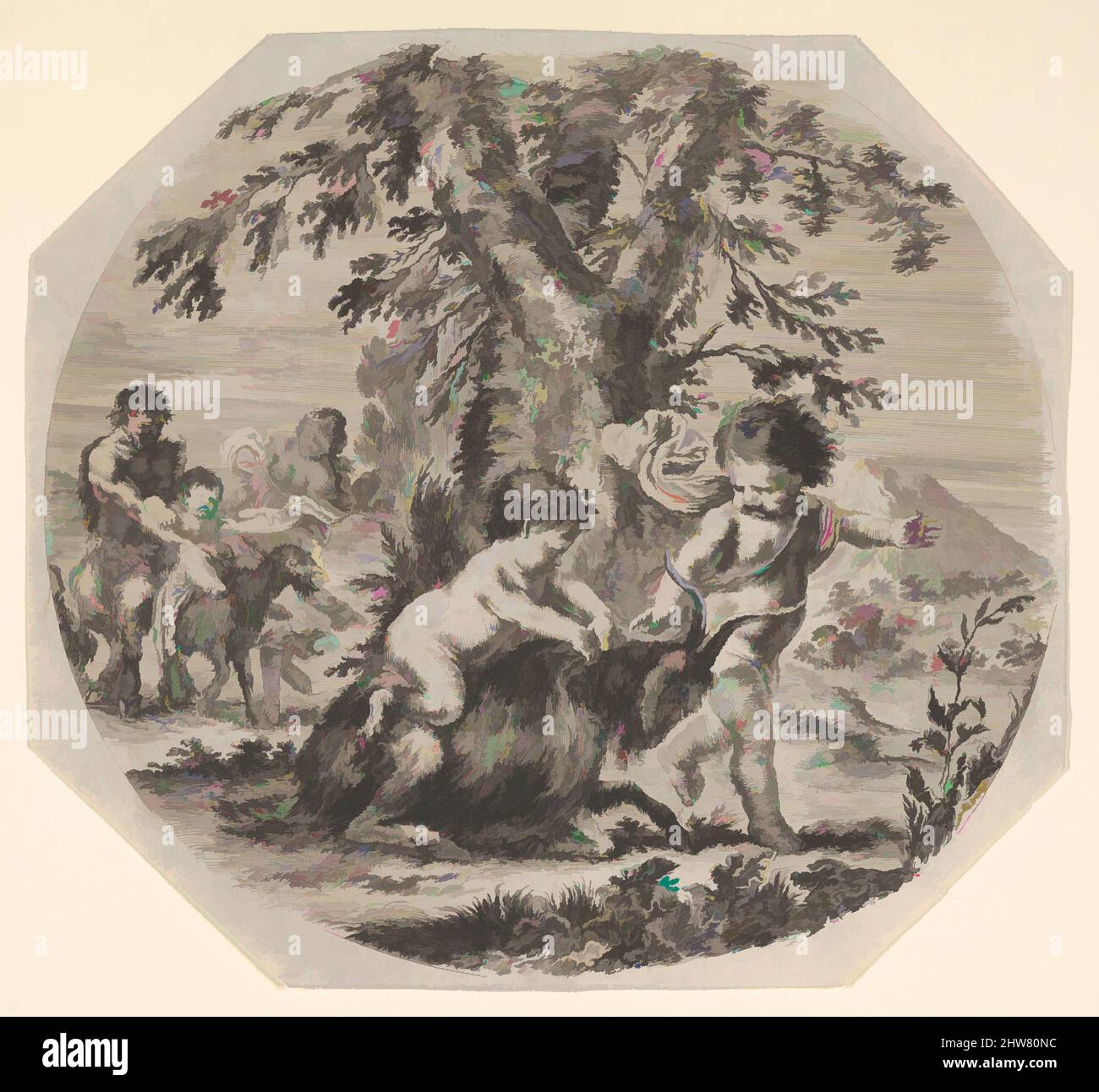 Art inspired by Two children playing with a goat in center, turned ...