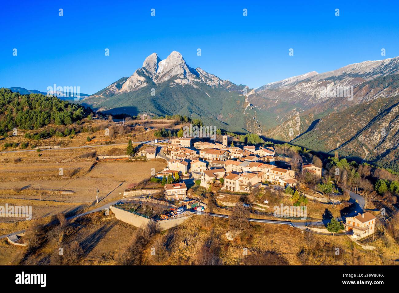 Maçaners village and mount Pedraforca mountain in the Cadí-Moixeró ...