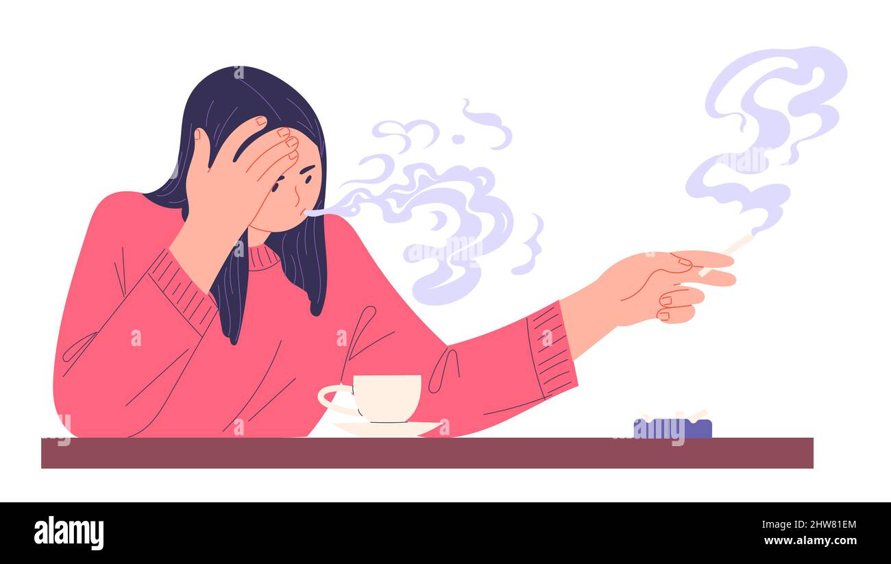 Woman smoking under stress holding a cigarette in her hand Stock Vector ...