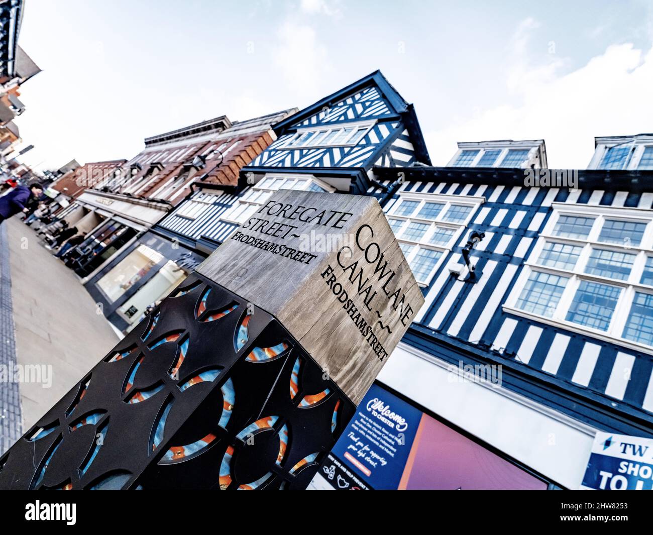 Street sign in Chester centre, showing Foregate, Street, Frodsham ...