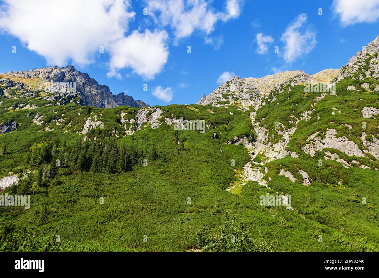 Beautiful landscape of high Tatra mountains, Woloszyn peaks under blue ...