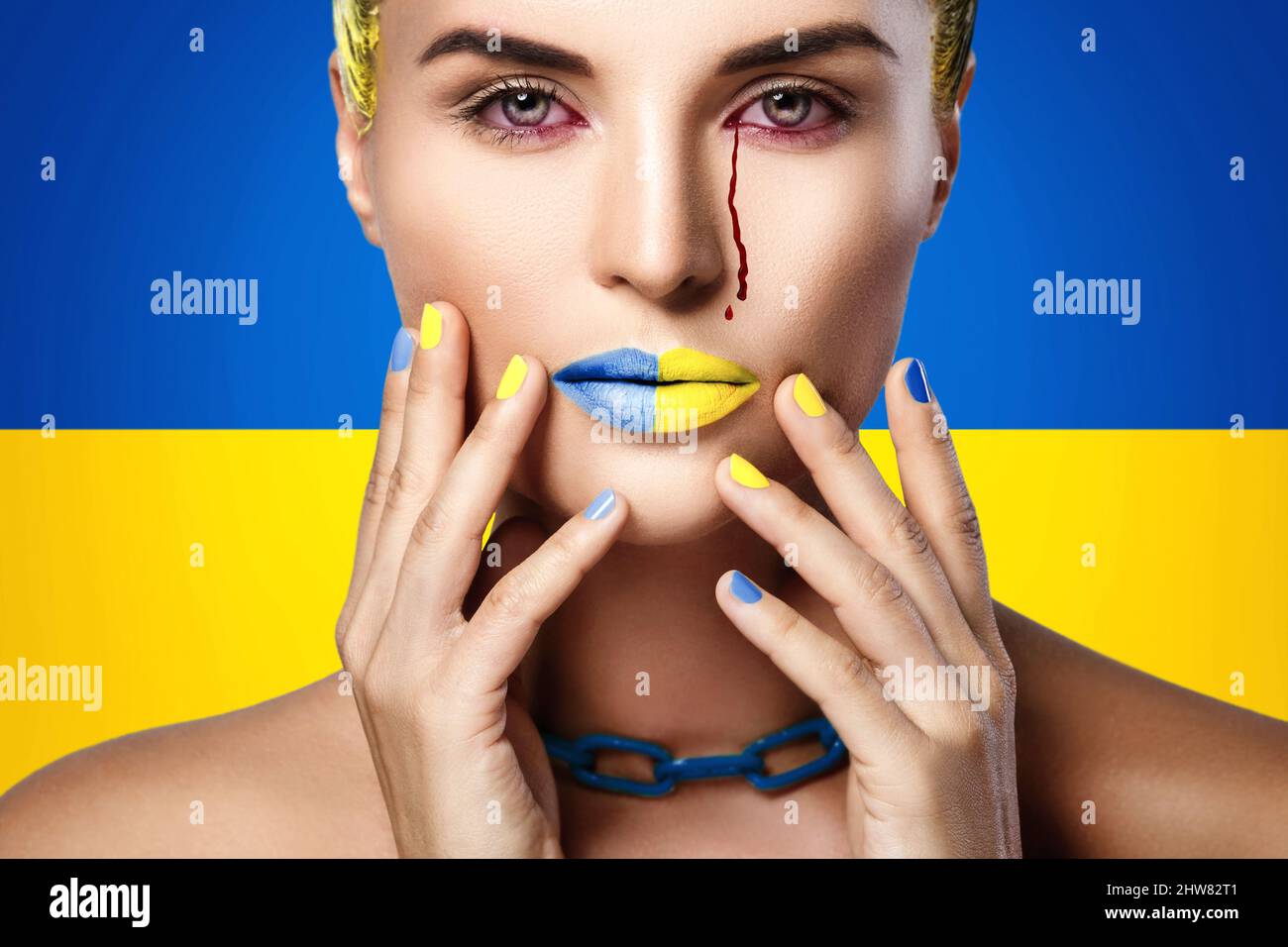 Conceptual photo of crying Ukrainian woman with a bloody tears Stock ...