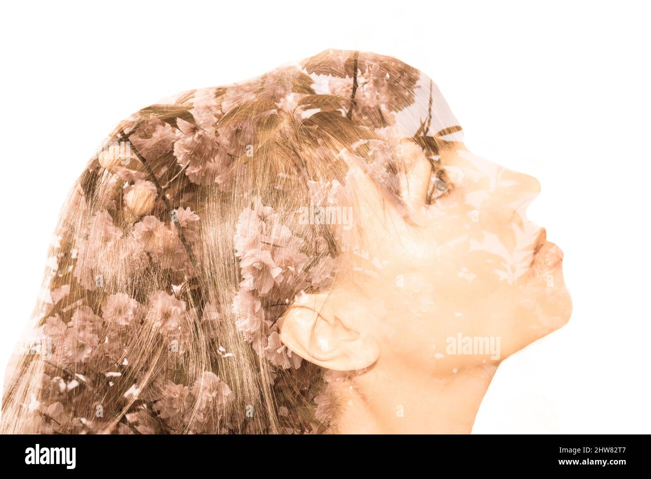 Portrait of a woman. Face in profile. Double exposure. Flowers Stock ...
