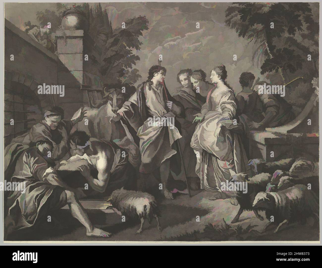 Art inspired by Jacob arrives in Mesopotamia, 18th century, Engraving ...