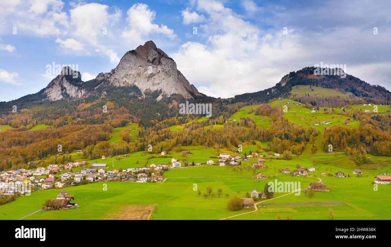 Autumn landscape. Switzerland. The top of the mountain is big Mythen ...