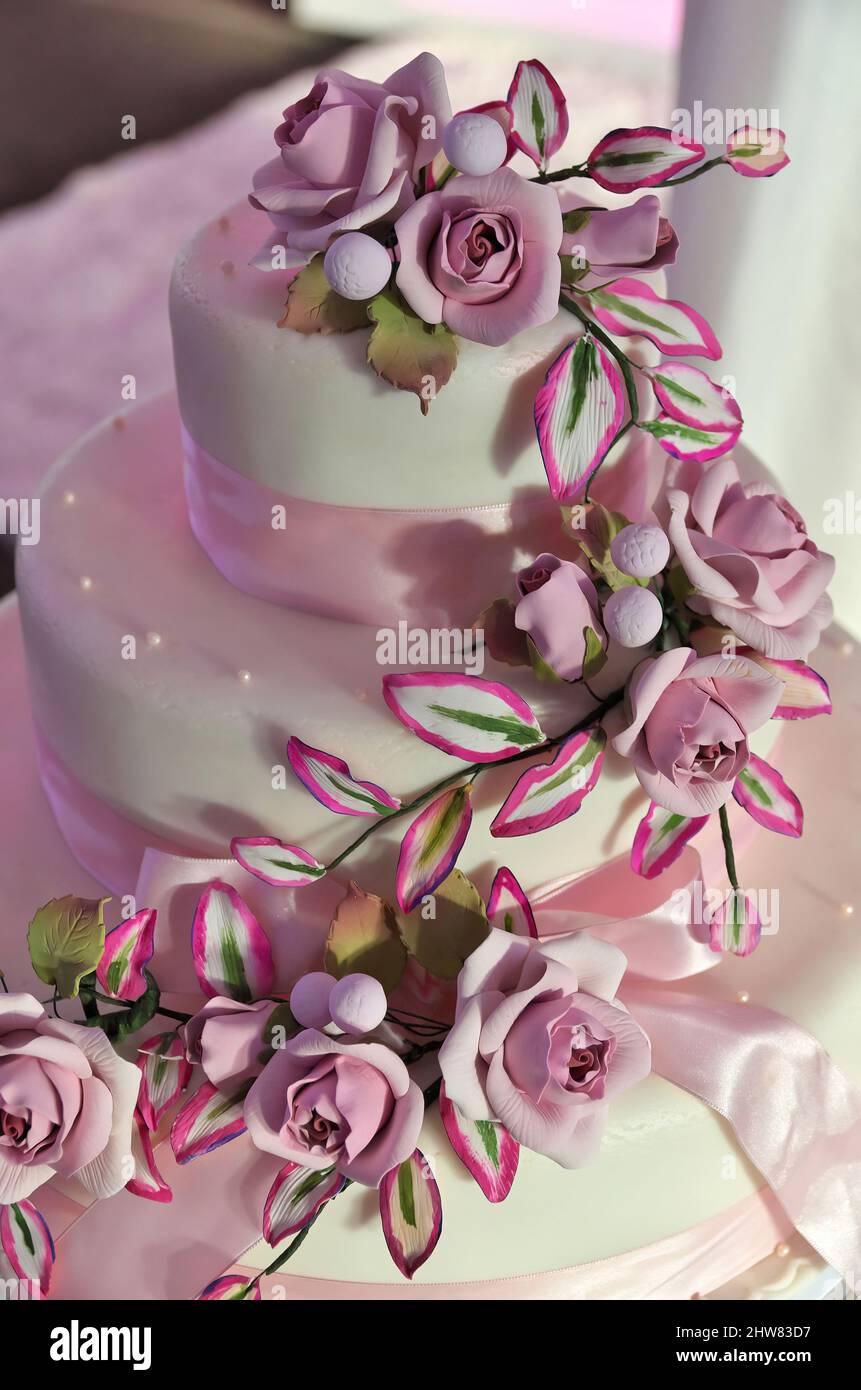 Elegant White Wedding Cake Wrapped in Exquisite Fondant and Marzipan ...