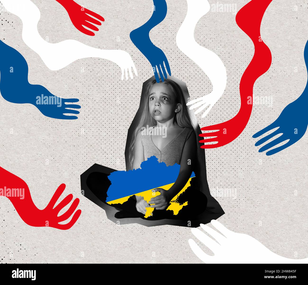 Scared crying little Ukrainian girl, kid sitting in shock isolated on ...