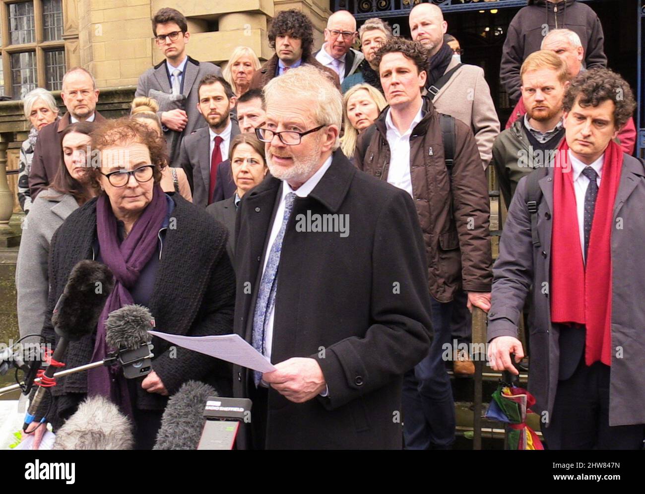 Liz and Charles Ritchie speaking on the steps of Sheffield Town Hall ...