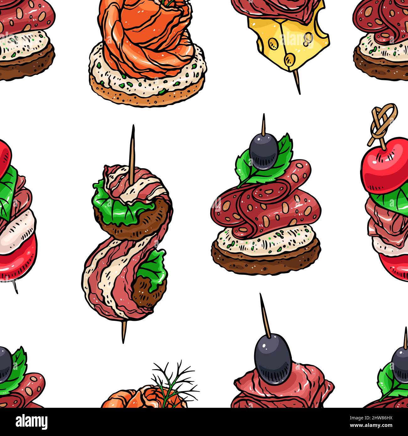 Cute seamless background of different canapes. hand-drawn illustration ...