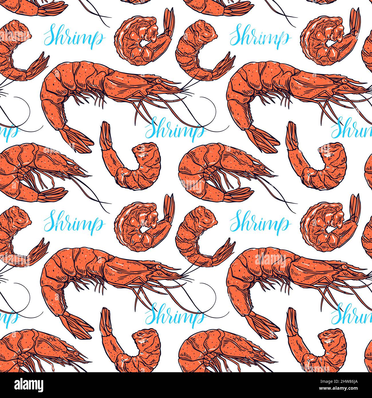 Cute seamless background of cooked different shrimps. Hand-drawn ...