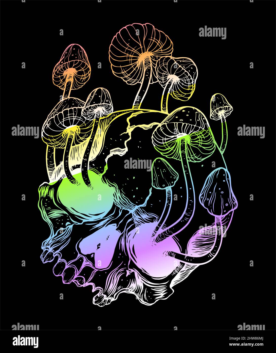 Overgrown skull. Mushrooms. Death - Life graphic illustration Stock ...