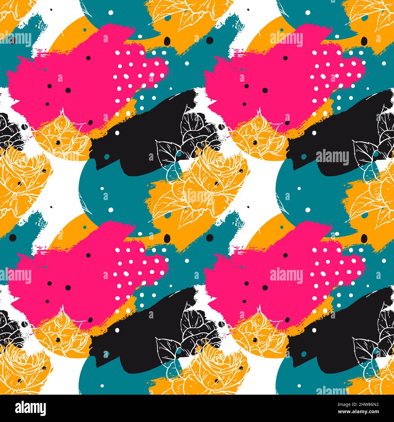Seamless bright color pattern with brush strokes and roses. Hand-drawn ...