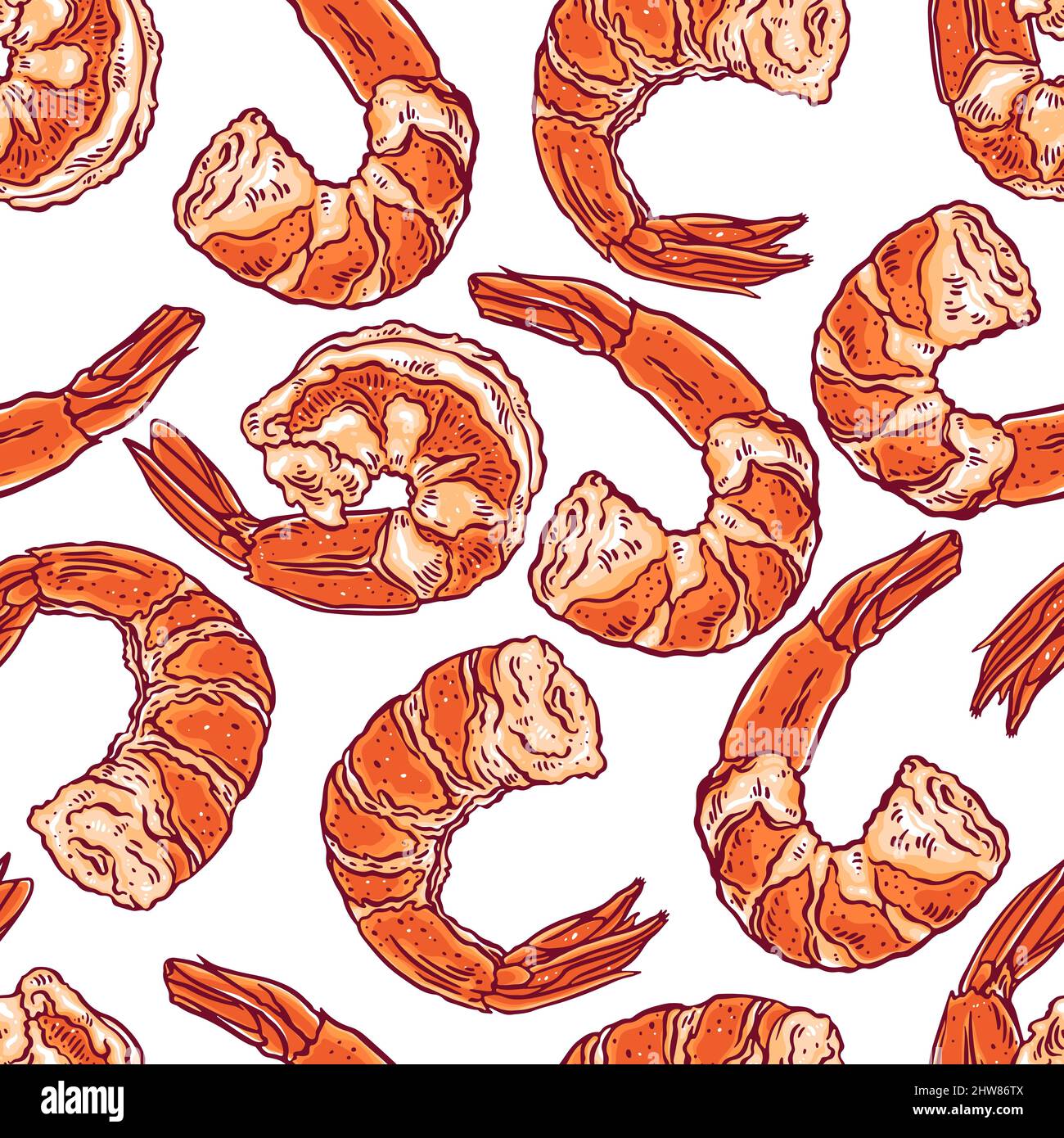 Cute seamless background of cooked different shrimps. Hand-drawn ...