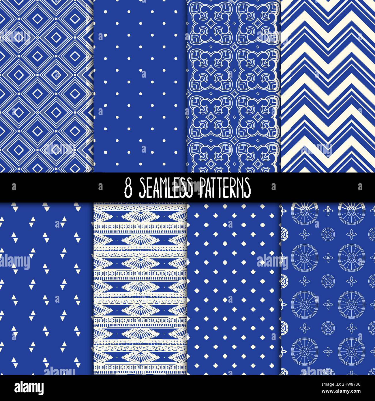 set of eight different ornamental blue patterns. Ethnic floral and ...