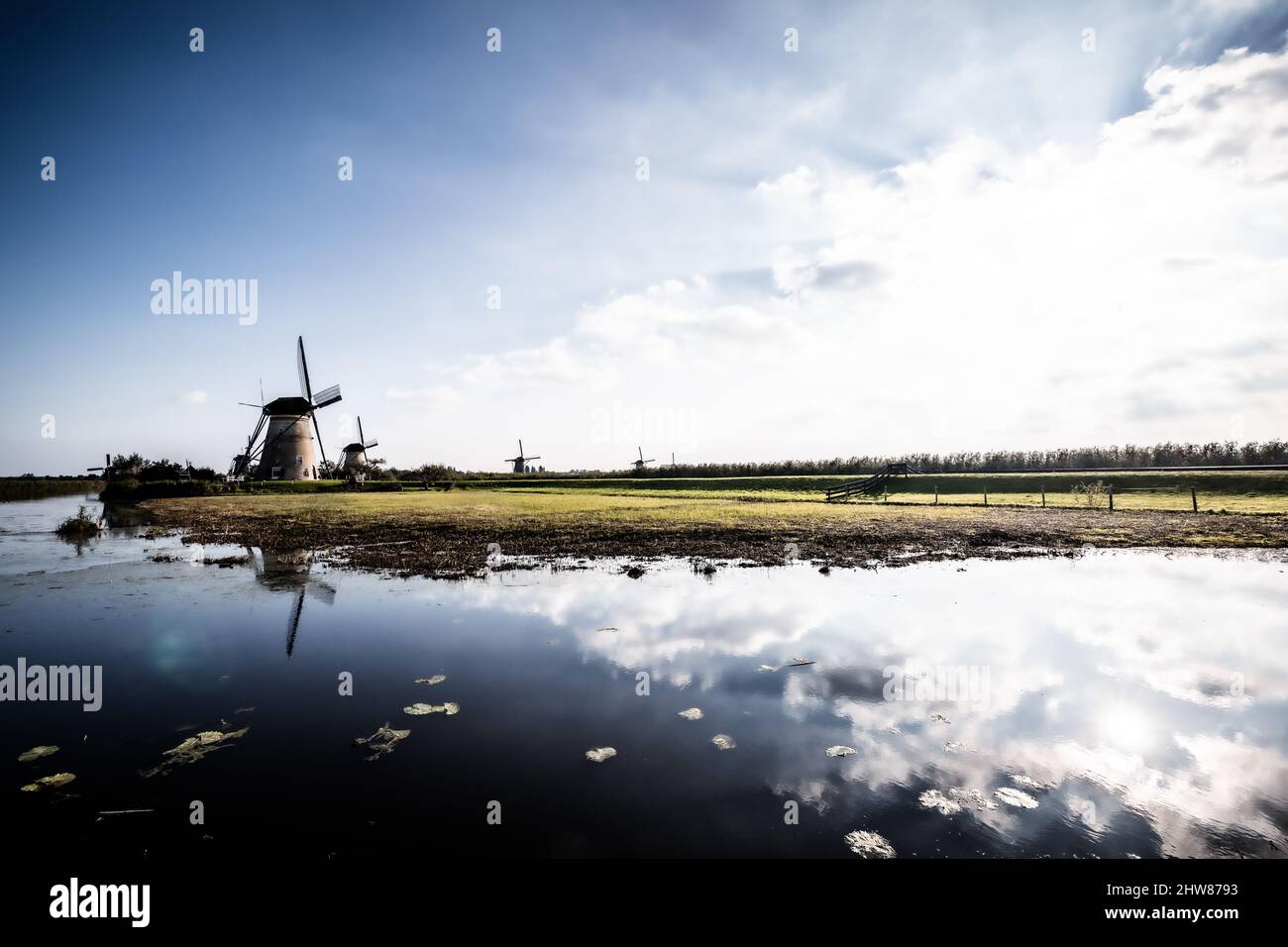 Horizontal picture of the famous Dutch windmills at Kinderdijk, a UNESCO world heritage site. On ...