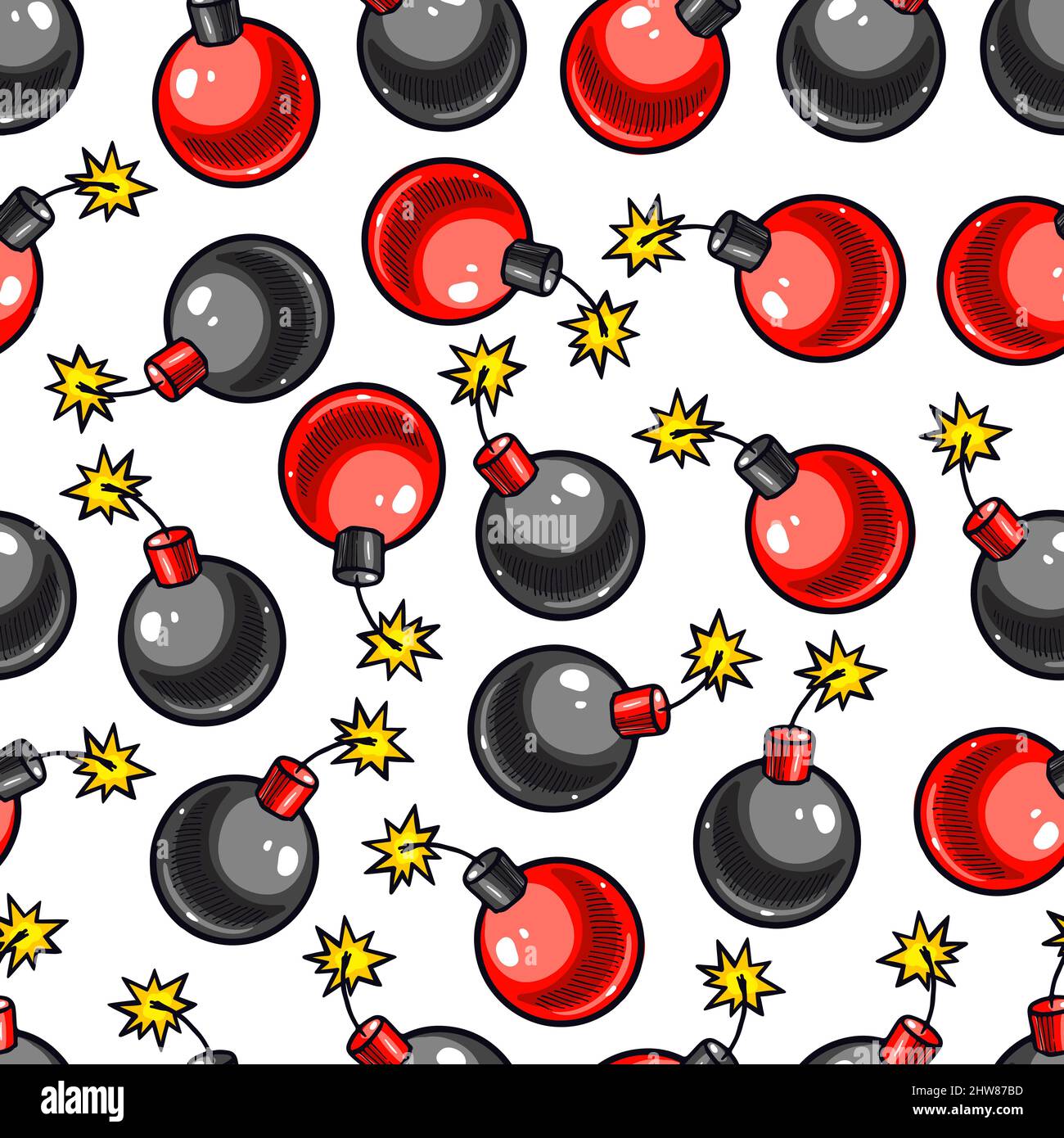 cute seamless pattern of red and black bombs. hand-drawn illustration ...