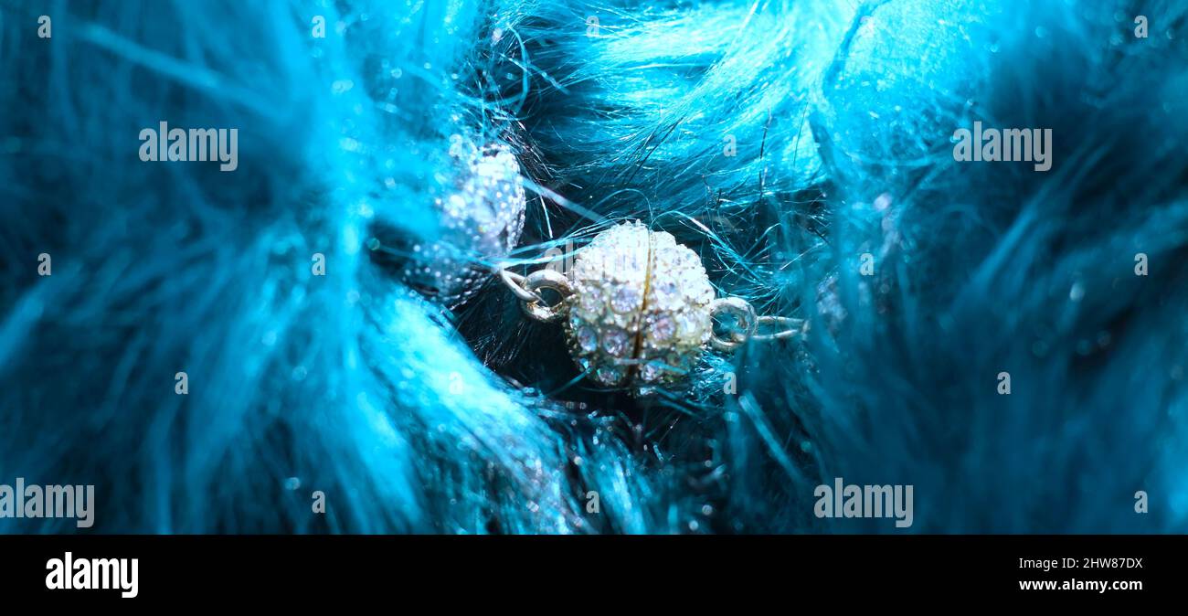 Fashion Concept - Macro detail of cyan-blue faux fur with silver clasp ...