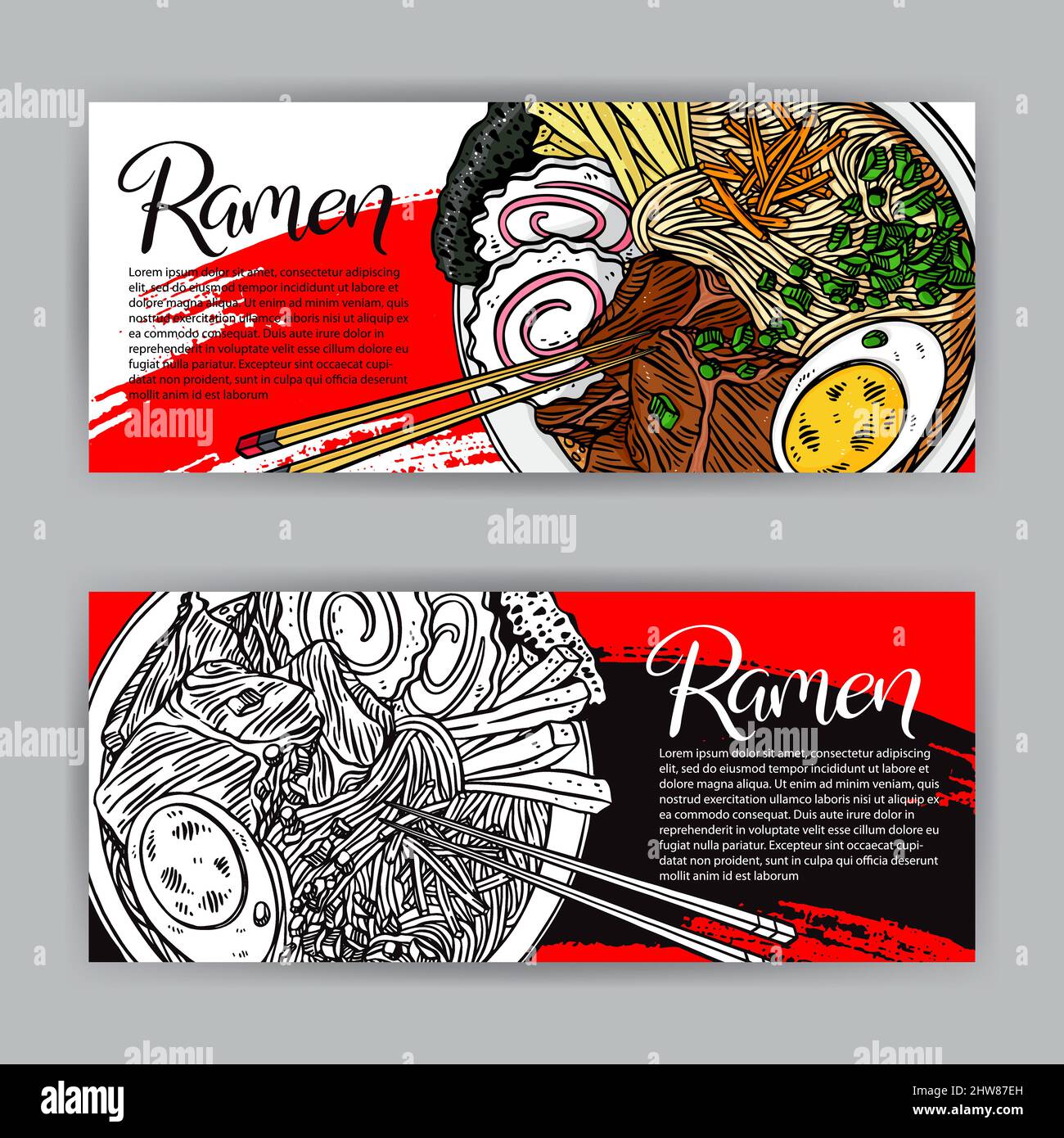 Japanese food. two beautiful banners of Appetizing ramen. hand-drawn ...