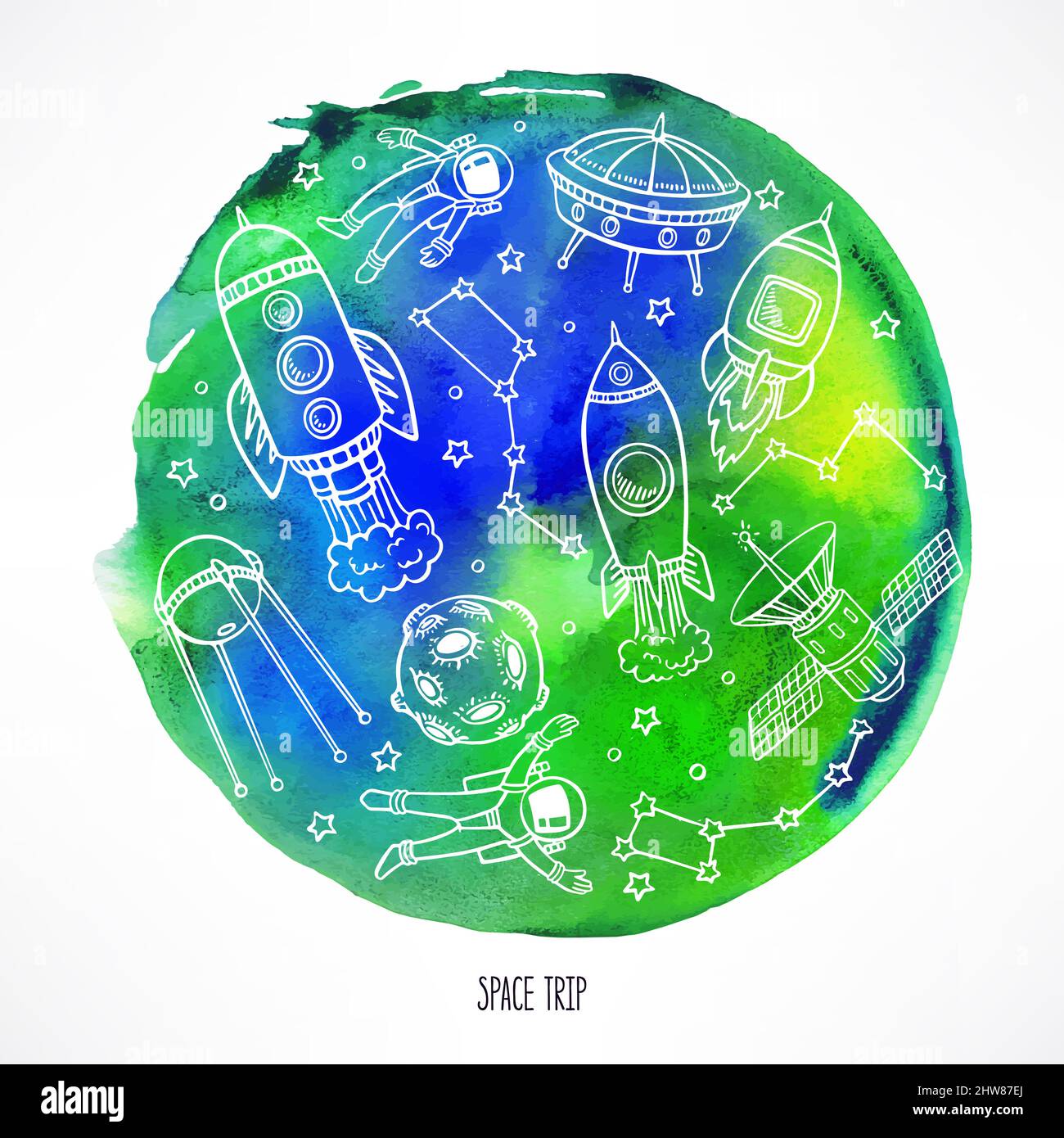 cute rockets and astronauts on a green and blue watercolor background ...