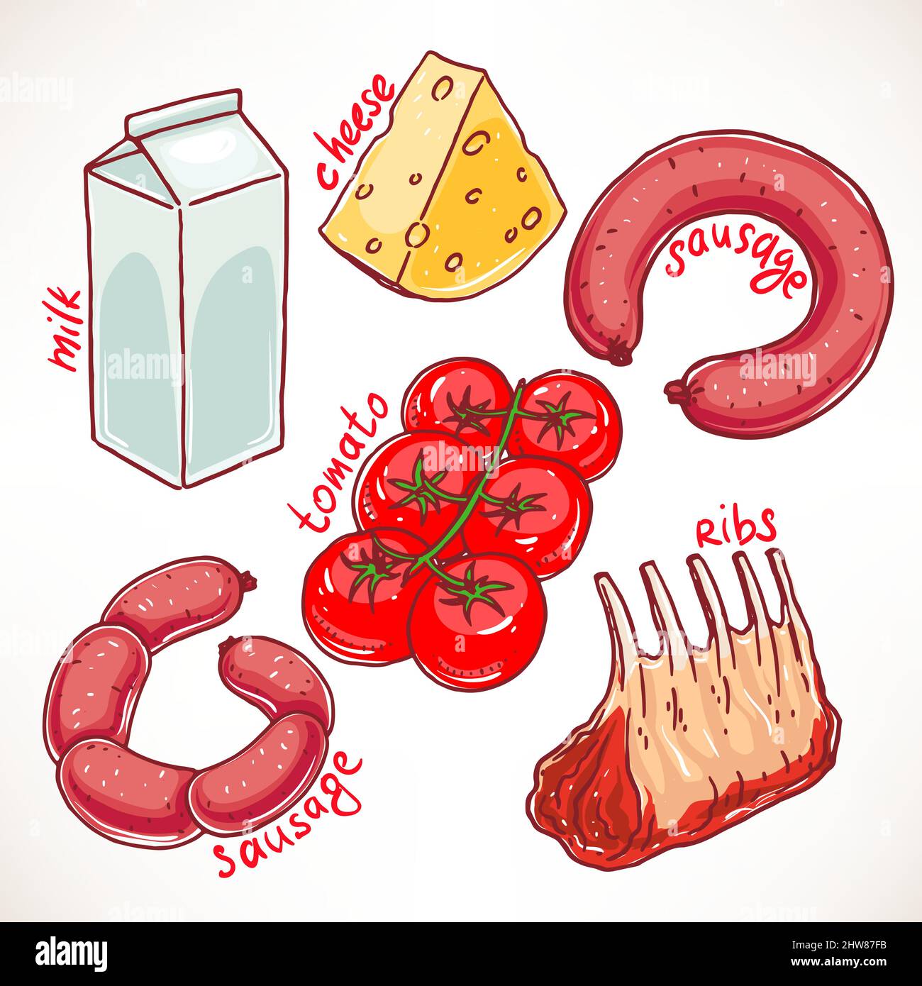 Collection of sketch products. hand-drawn illustration. food icons ...